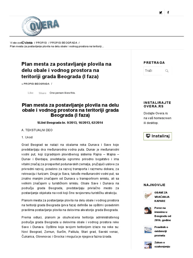 Plan Mesta Za Postavljanje Plovila Na Delu Obale I Vodnog Prostora Na Teritoriji Grada Beograda ...