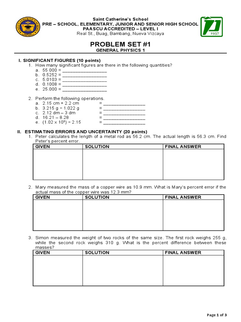 Saint Catherine's School Physics Problem Set | PDF | Euclidean Vector | Significant Figures