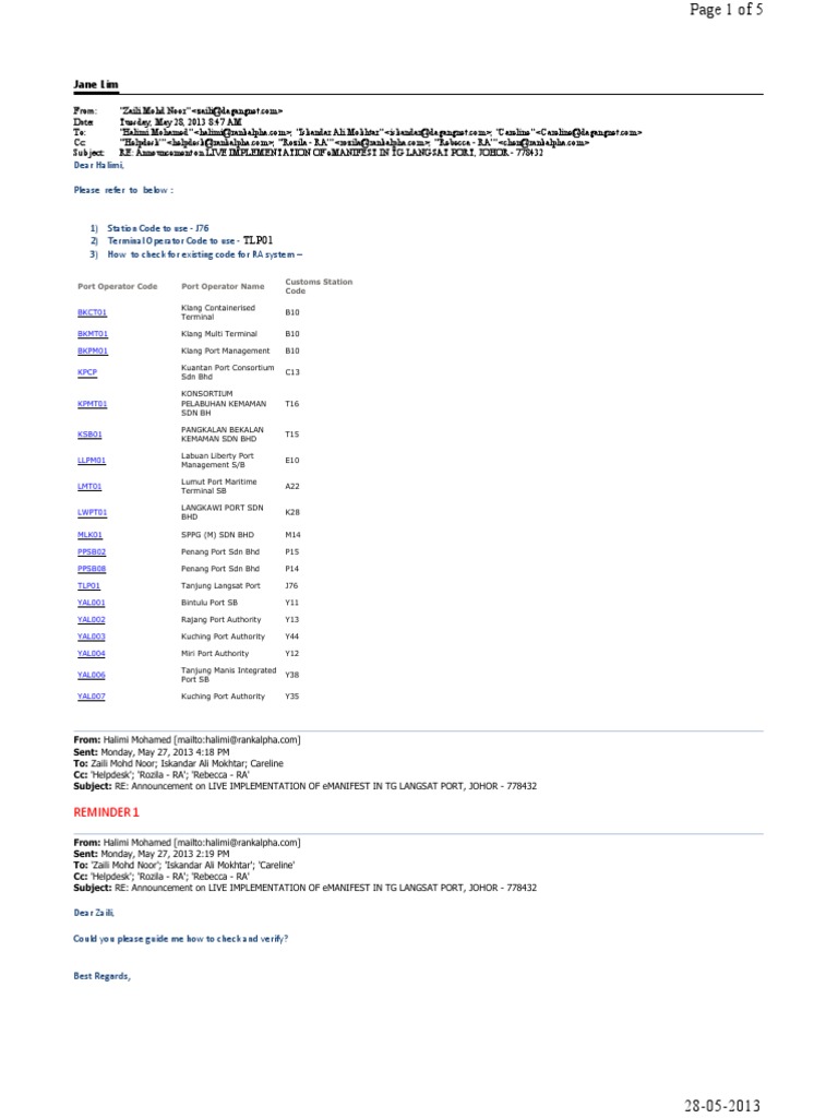Port Operator and Station Code For EMS | PDF