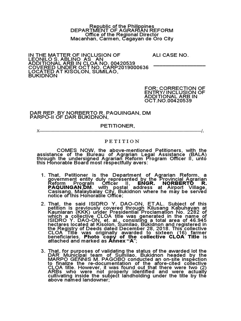 Inclusion of Leonilo Ablino in CLOA 00420539 | PDF | Justice | Crime ...