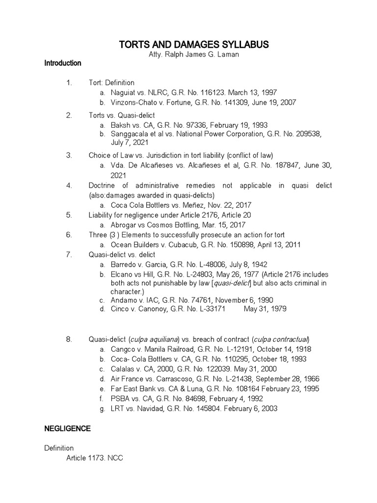 Torts and Damages Syllabus | PDF | Tort | Rules