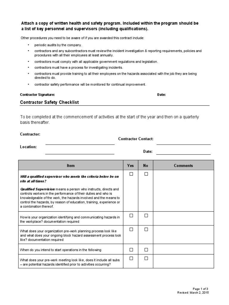 Contractor Safety Checklist and Criteria | PDF | Occupational Safety ...