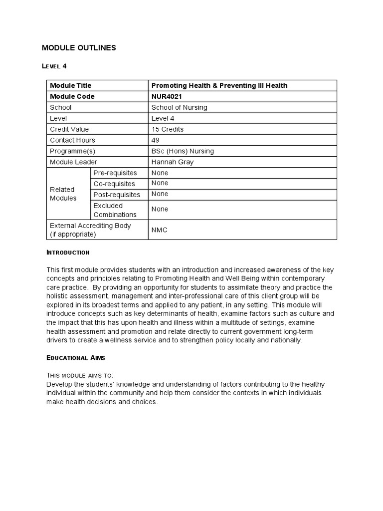 Module Outlines: L 4 Module Title Promoting Health & Preventing Ill ...