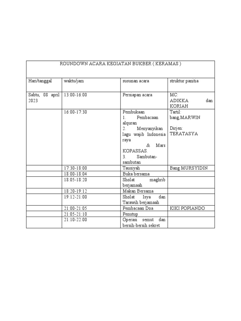 Roundown Acara Kegiatan Bukber | PDF
