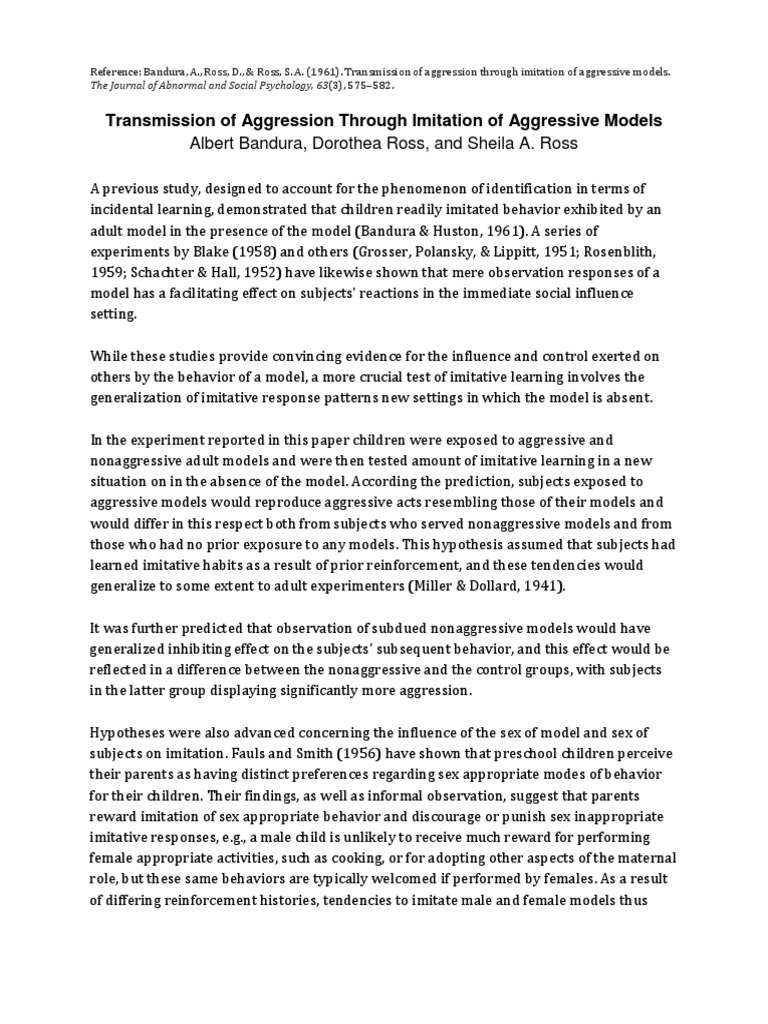 Bandura Ross & Ross 1961 | PDF | Aggression | Imitation