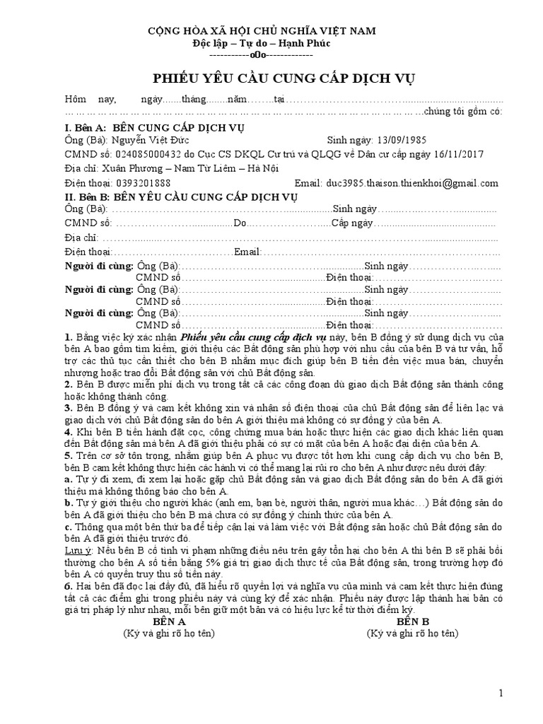 PHIẾU YÊU CẦU CUNG CẤP DỊCH VỤ BẤT ĐỘNG SẢN THIÊN KHÔI | PDF