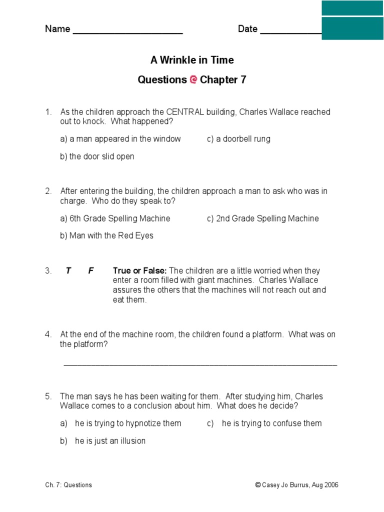 A Wrinkle in Time Questions Chapter 7: Name - Date | PDF