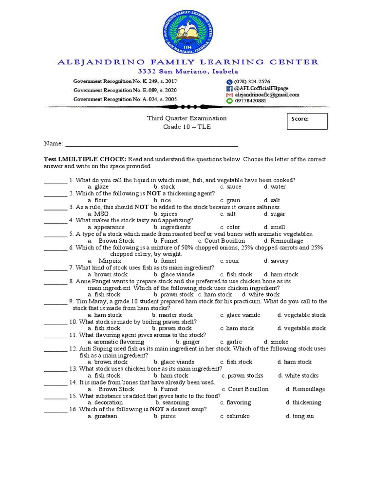 Grade10 Tle Exam Q3 | PDF | Stock (Food) | Soup