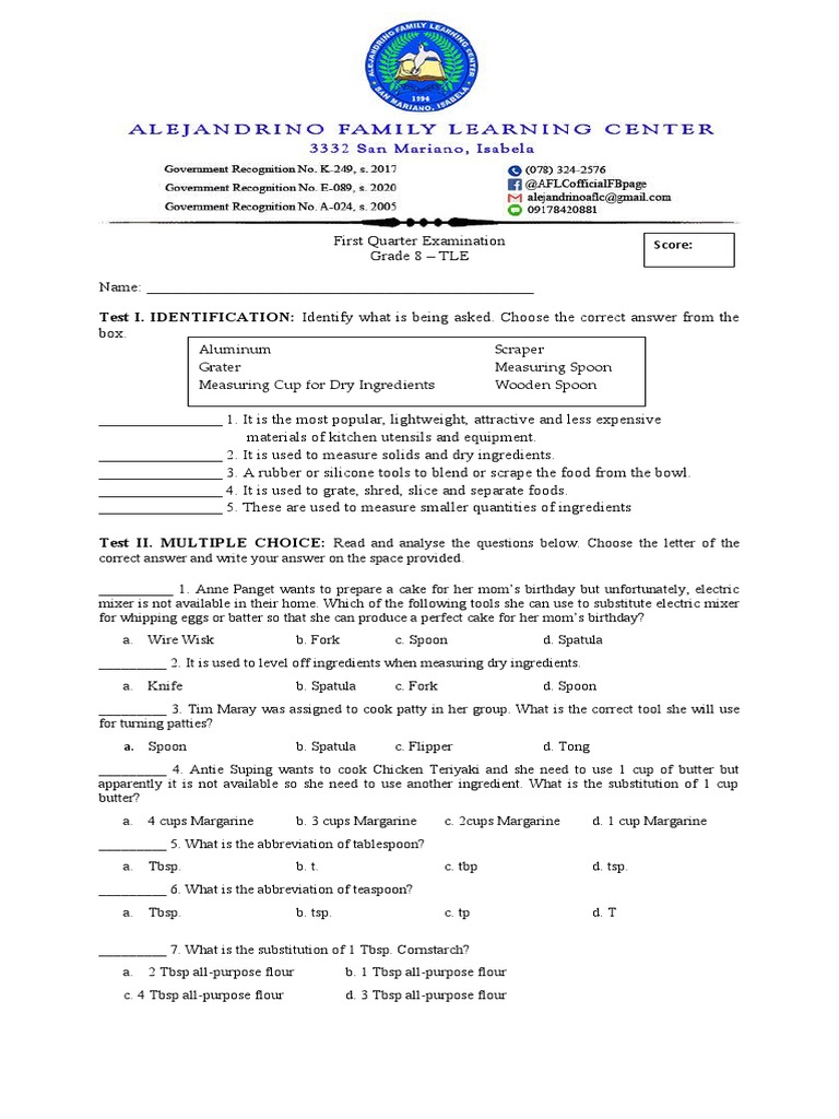 Grade 8 Exam Q1 | PDF | Tablespoon | Spoon