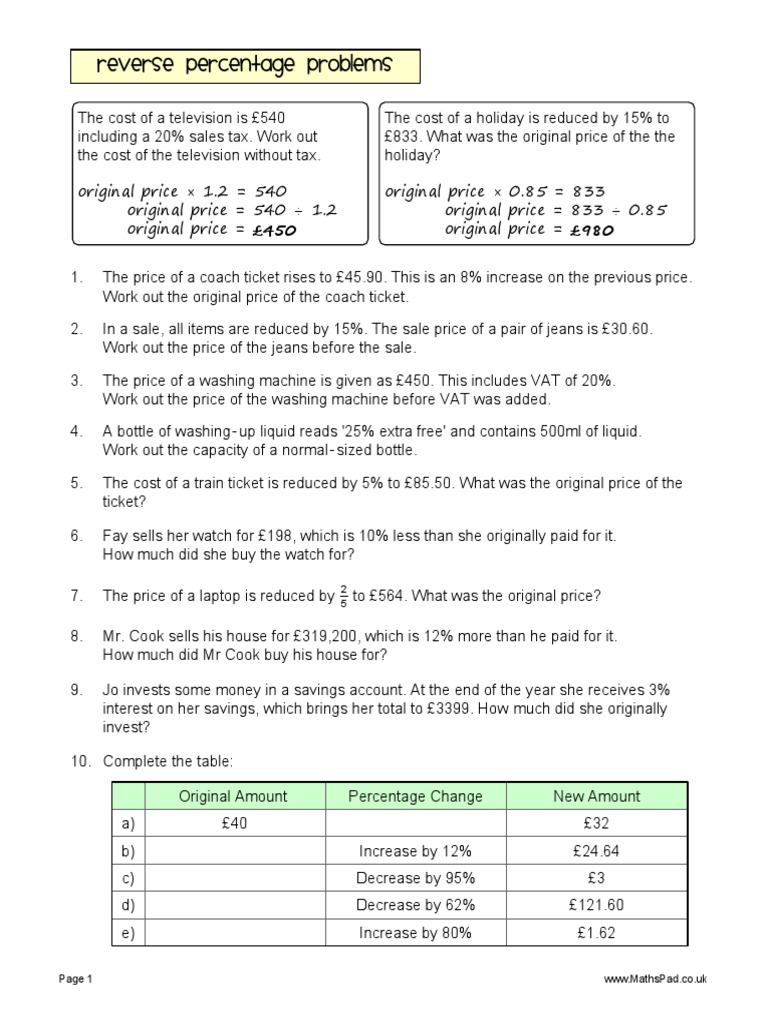 Reverse Percentages Pdf Prices Value Added Tax