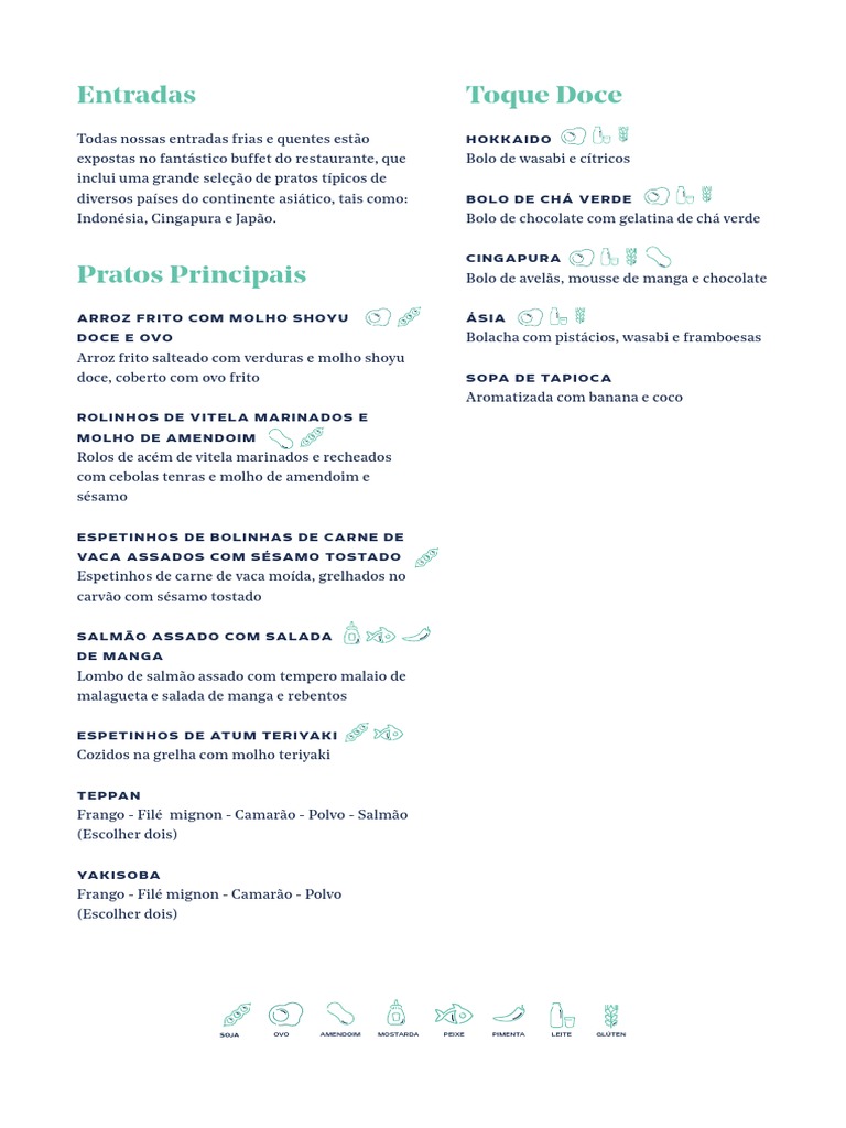 Menu internacional com pratos típicos da Ásia e influências culinárias ...