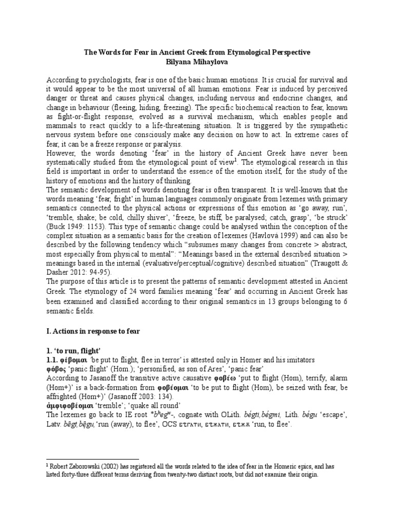 Etymology of Fear in Ancient Greek | PDF | Emotions | Word