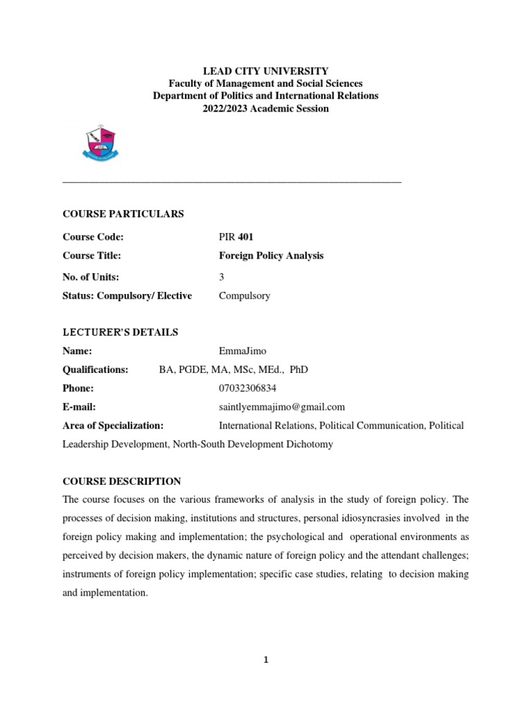 Pir401 Foreign Policy Analysis Courseware | PDF | Policy | Doctor Of Philosophy