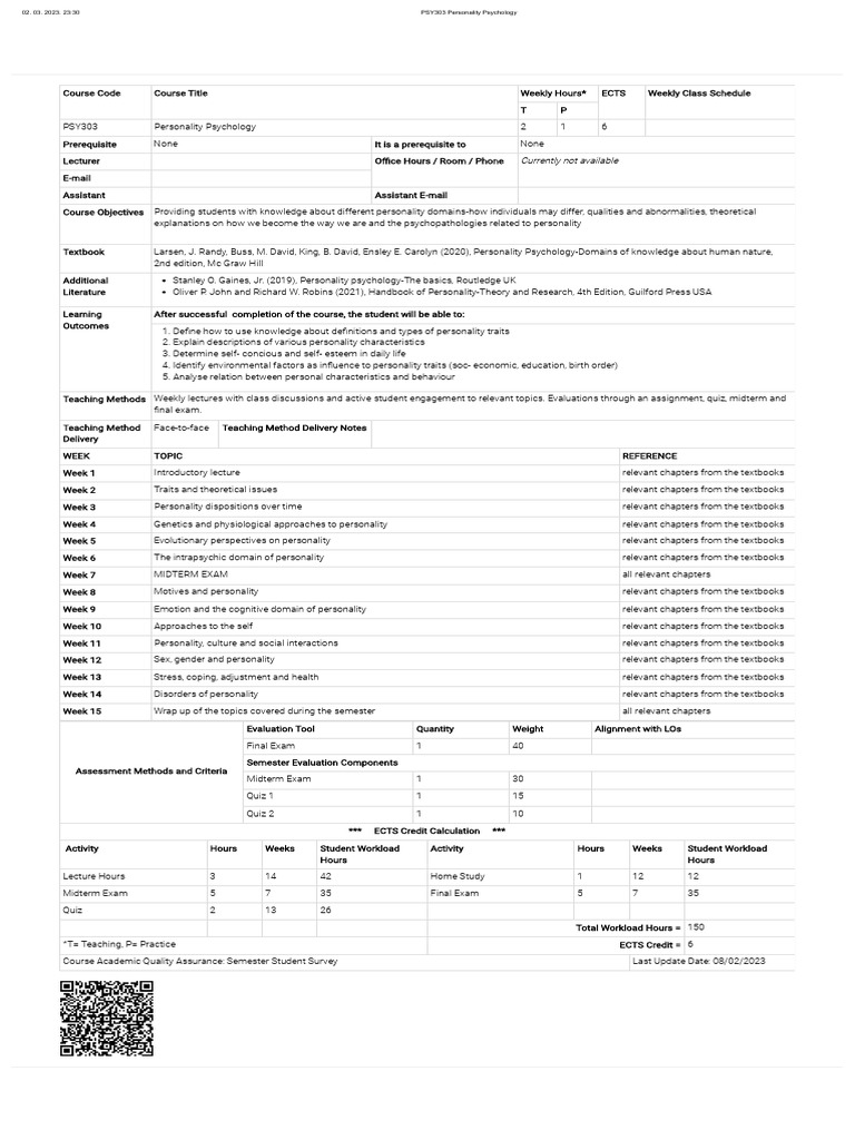 PSY303 Personality Psychology | PDF | Teaching Method | Personality ...