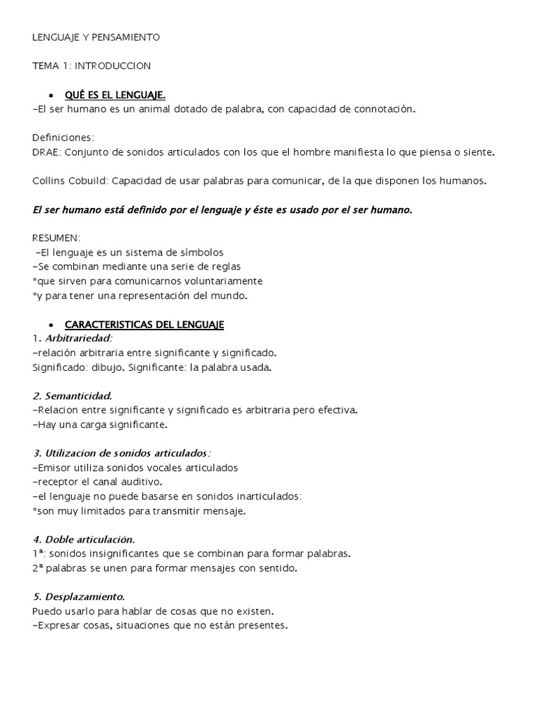Resumen Tema 1 Lenguaje | PDF | Comunicación | Origen del lenguaje