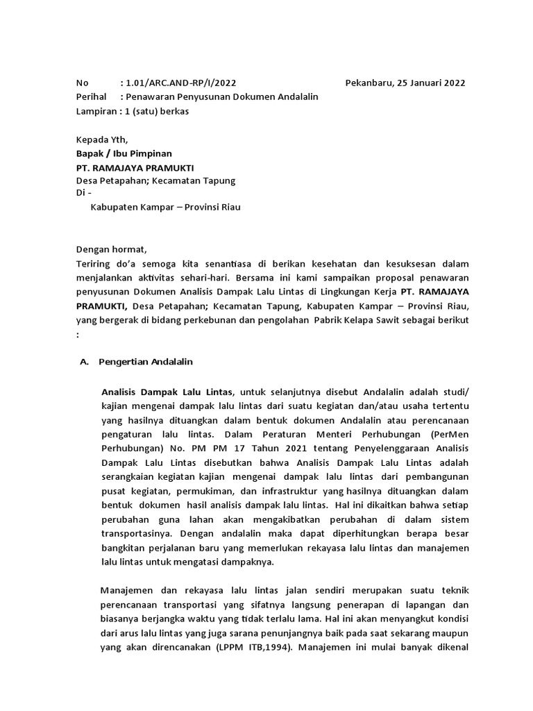 PROPOSAL Surat Penawaran Harga Andalalin PT. Ramajaya Pramukti | PDF