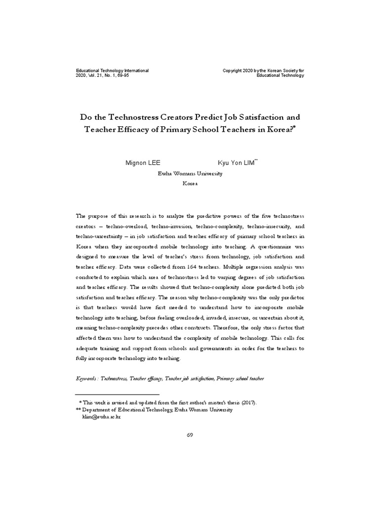 Do The Technostress Creators Predict Job Satisfaction and Teacher Efficacy of Primary School ...