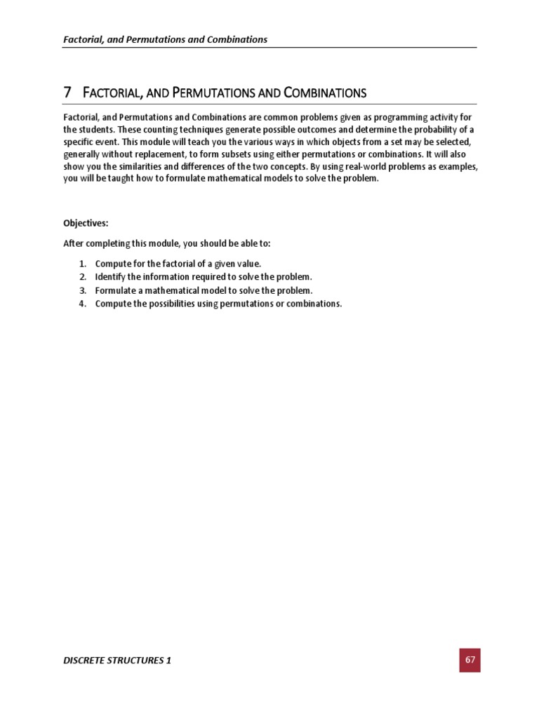 Week 10 - FACTORIAL, AND PERMUTATIONS AND COMBINATIONS | PDF ...