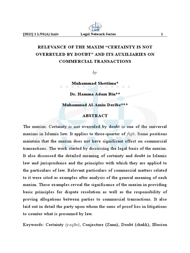 LAW LAW: Relevance of The Maxim "Certainty Is Not Overruled by Doubt" and Its Auxiliaries On ...