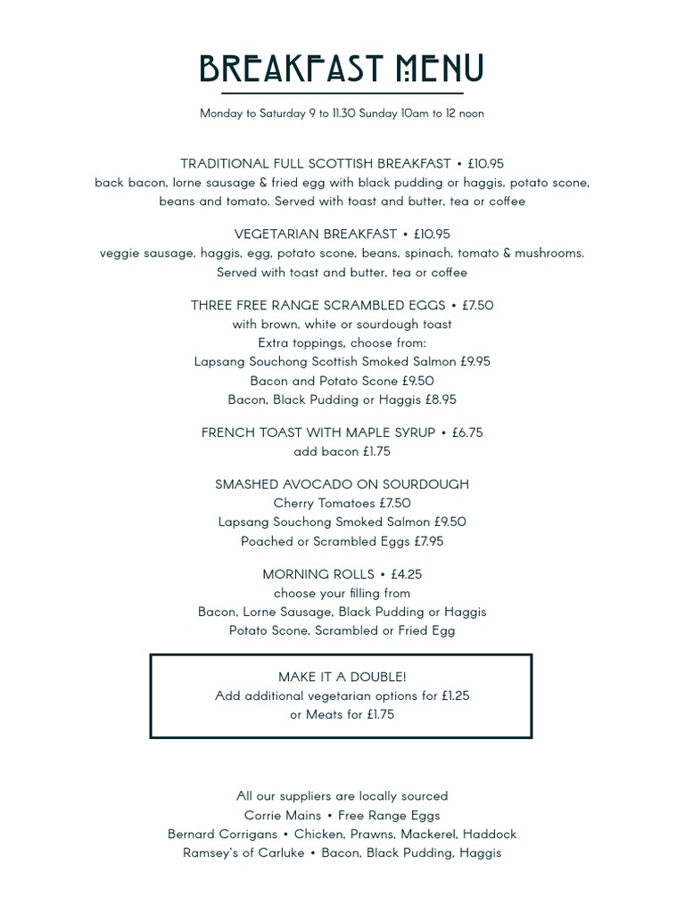 Breakfast Menu: Monday To Saturday 9 To 11.30 Sunday 10am To 12 Noon ...