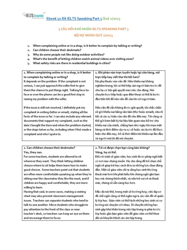 IELTS Speaking Part 3 Quý 1 - 2023 - 5 Câu Khó | PDF