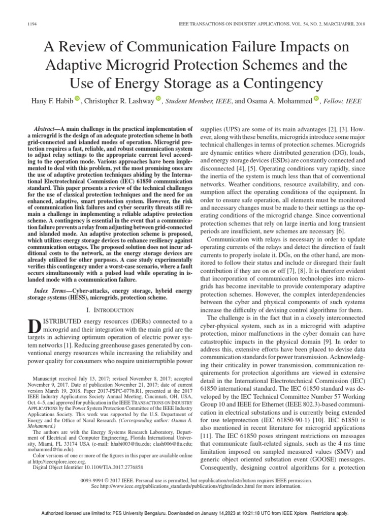 A Review of Communication Failure Impacts On Adaptive Microgrid Protection Schemes and The Use ...