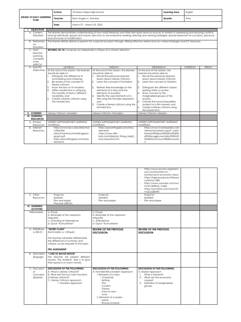 Grade10 - Quarter-3-Module 4.1-DLL - (Literary Criticism) - Edited ...