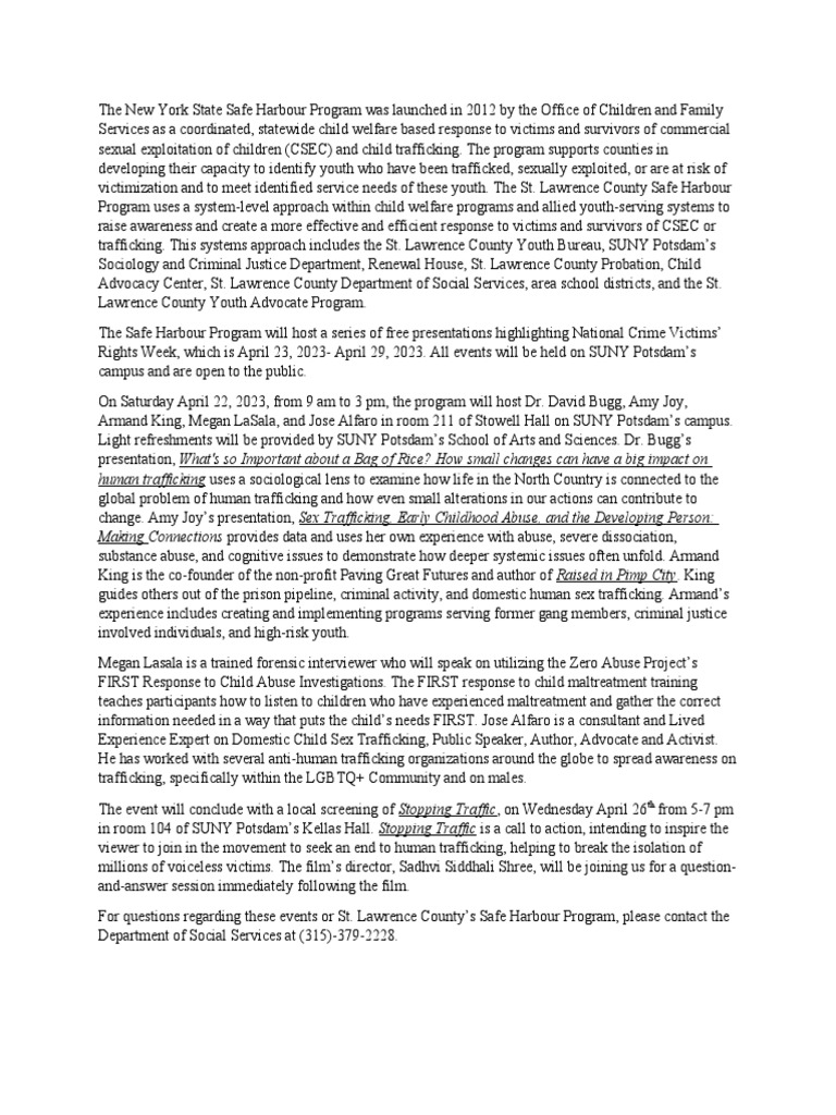 New York State Safe Harbour Program | PDF | Human Trafficking | Child Abuse