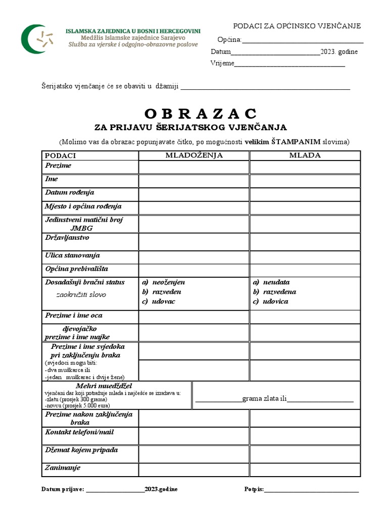 PRIJAVA SERIJATSKOG VJENCANJA Obrazac 2023 | PDF