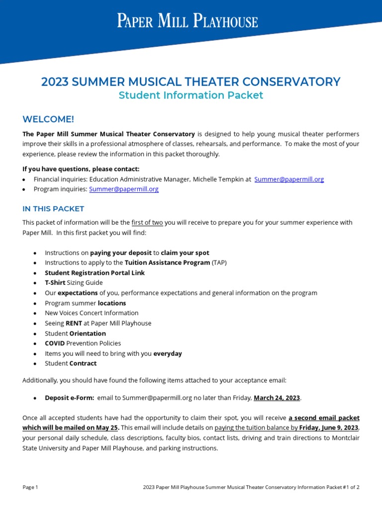 2023 Summer Musical Theater Conservatory: Student Information Packet ...
