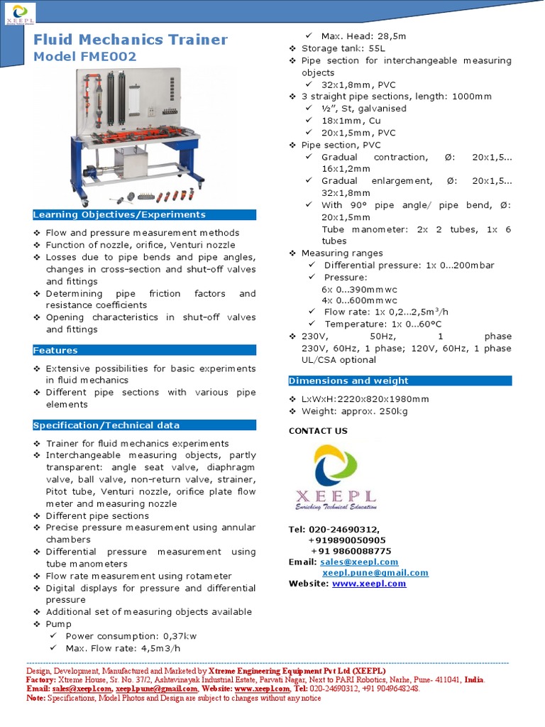 FME 002 Fluid Mechanics Trainer | PDF | Flow Measurement | Pressure Measurement