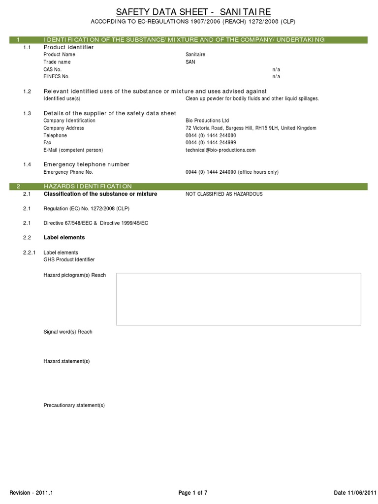 Sanitaire Safety Data Sheet | PDF | Personal Protective Equipment ...