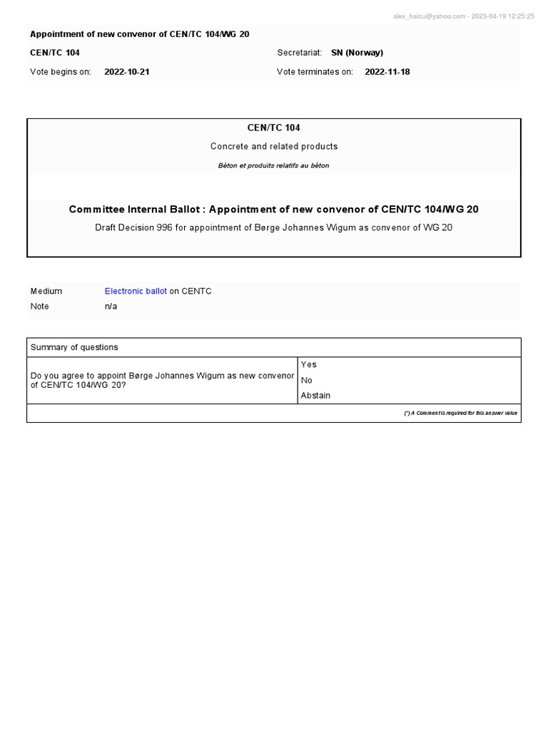 Appointment of New Convenor of CEN-TC 104-WG 20 - Cover Page | PDF