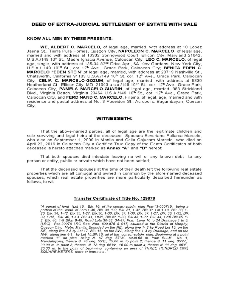 Deed of Extra-Judicial Settlement of Estate With Partition | PDF ...