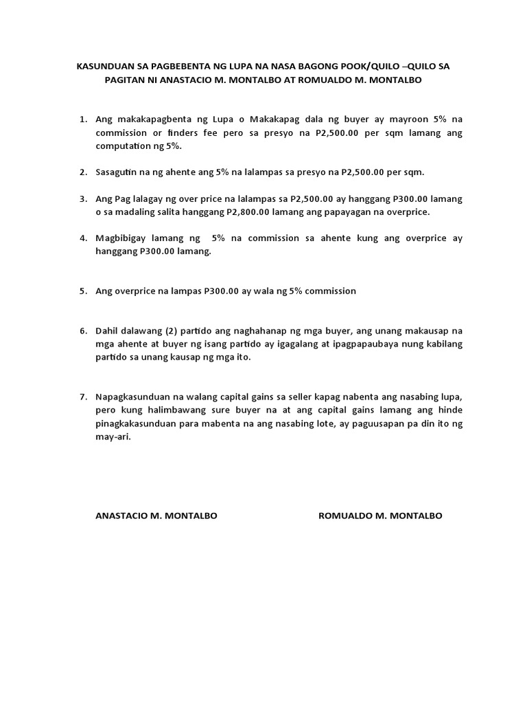 Kasunduan Sa Pagbebenta NG Lupa Na Nasa Bagong Pook | PDF