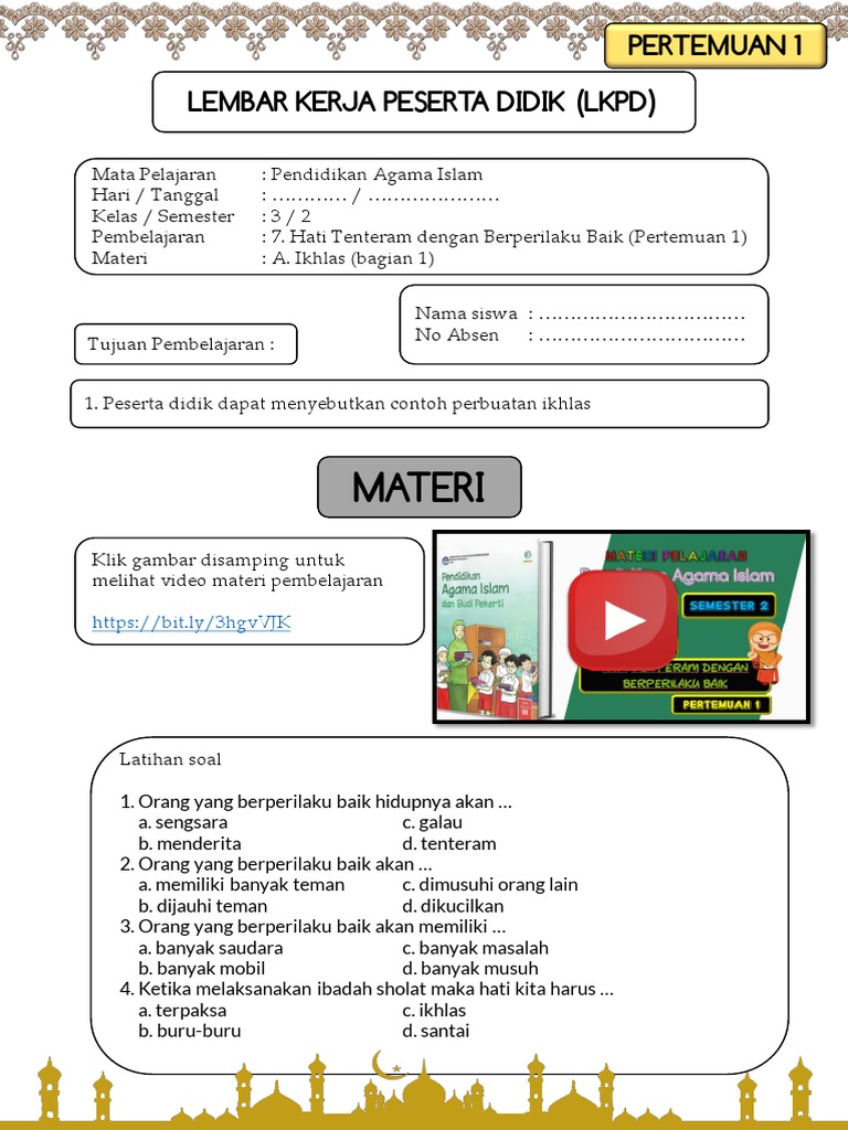 LKPD Kelas 3 Lembar Kerja Peserta Didik PAI Semester 2-1 | PDF