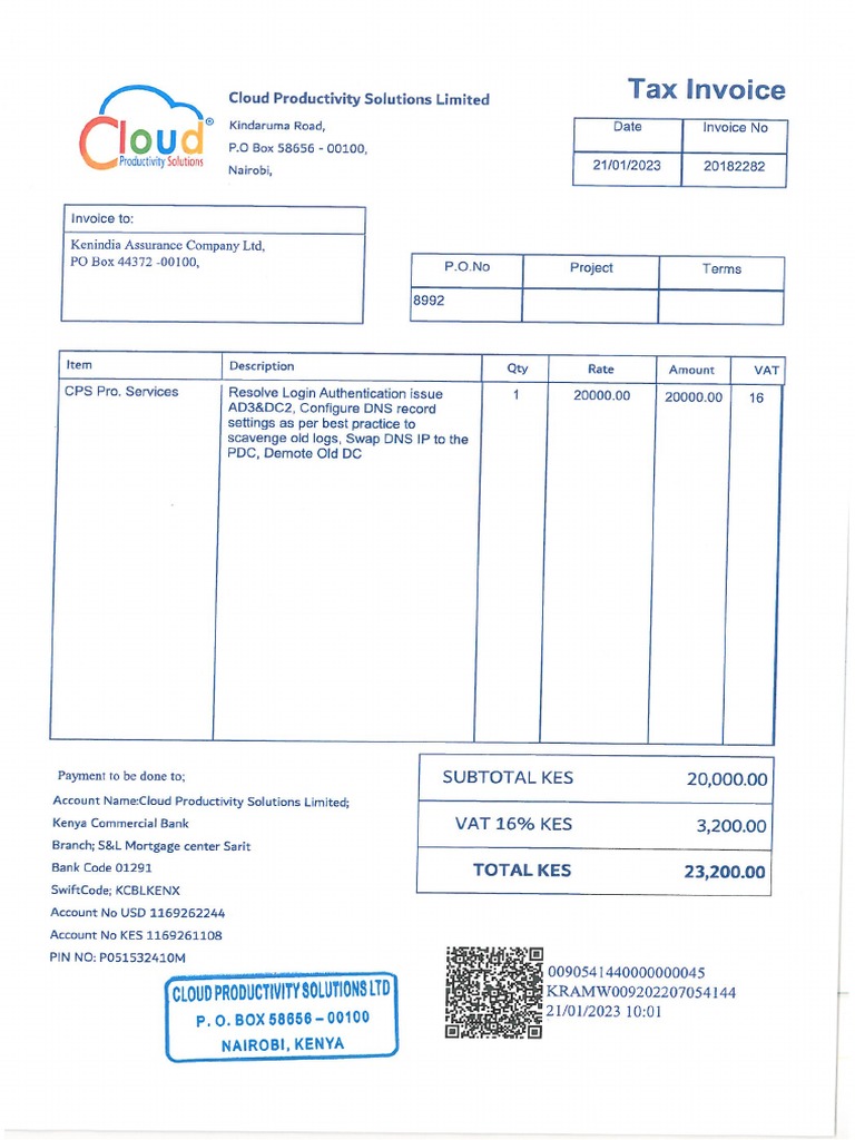 Kenindia Assurance Support Invoice | PDF