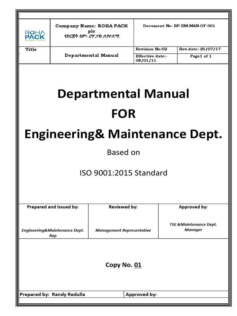 Departmental Manual FOR Engineering& Maintenance Dept.: Based On ISO ...