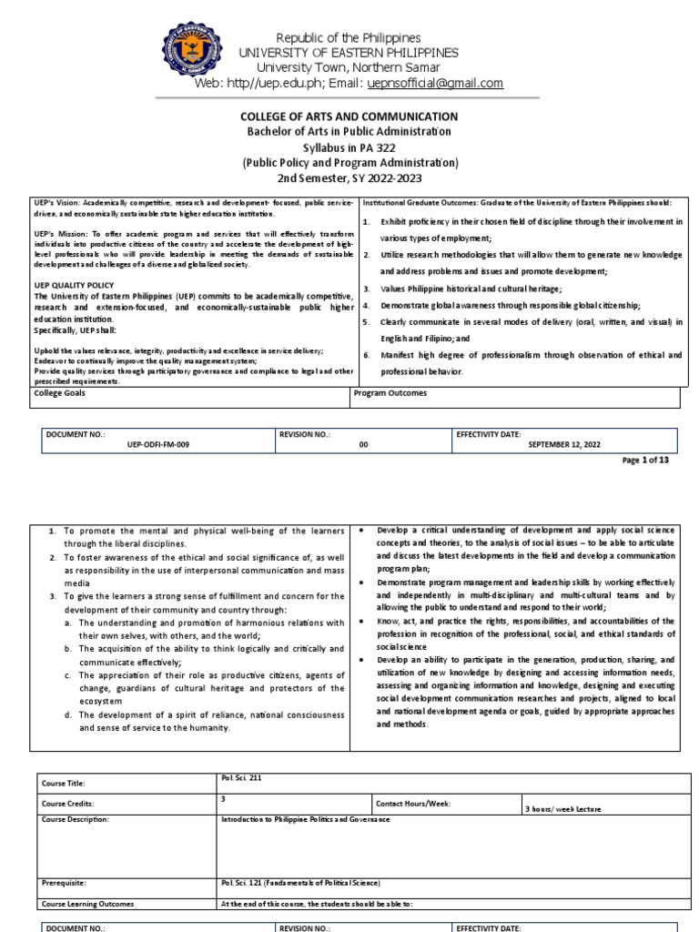 Syllabus in Public Policy and Program Administration | PDF | Internet ...