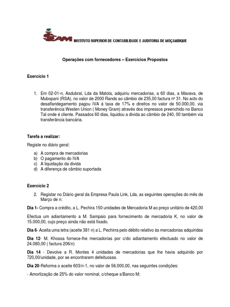 Operações com Fornecedores: Lançamentos Contabilísticos | PDF | Imposto ...