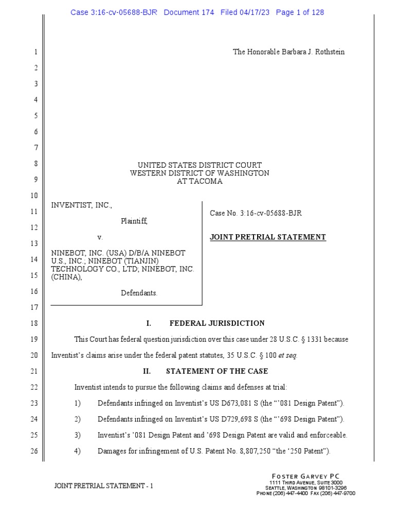 Joint Pretrial Statement: Inventist v. Ninebot | PDF | Discovery (Law ...