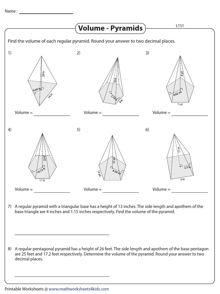 Volume - Pyramids: Find The Volume of Each Regular Pyramid. Round Your ...