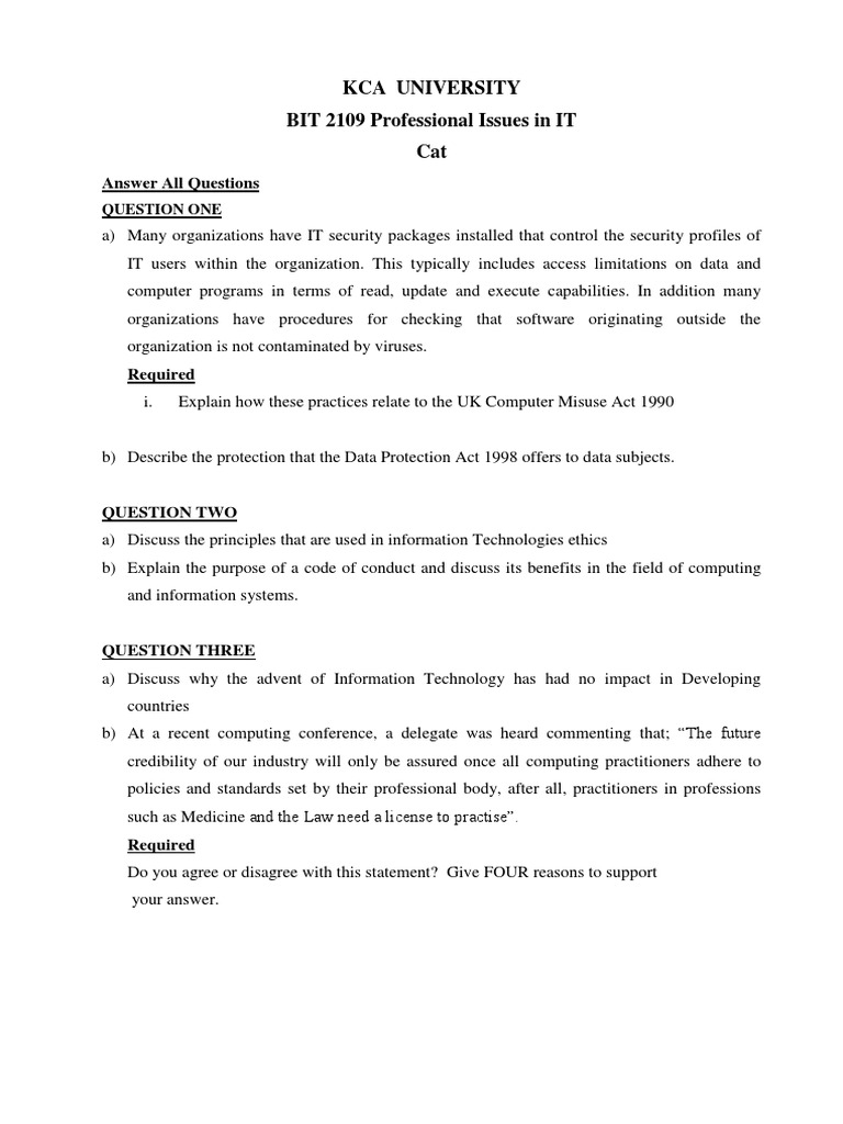 Kca University BIT 2109 Professional Issues in IT Cat: Answer All Questions | PDF