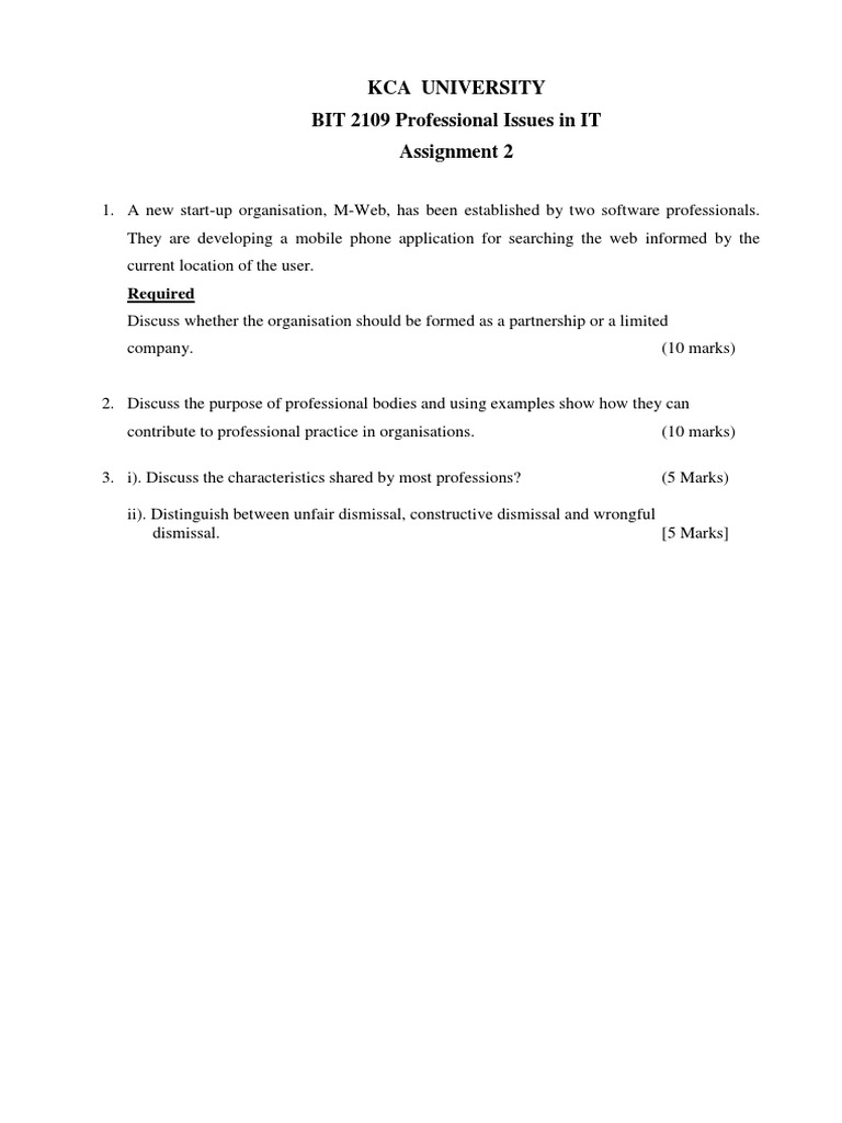 Kca University BIT 2109 Professional Issues in IT Assignment 2 | PDF