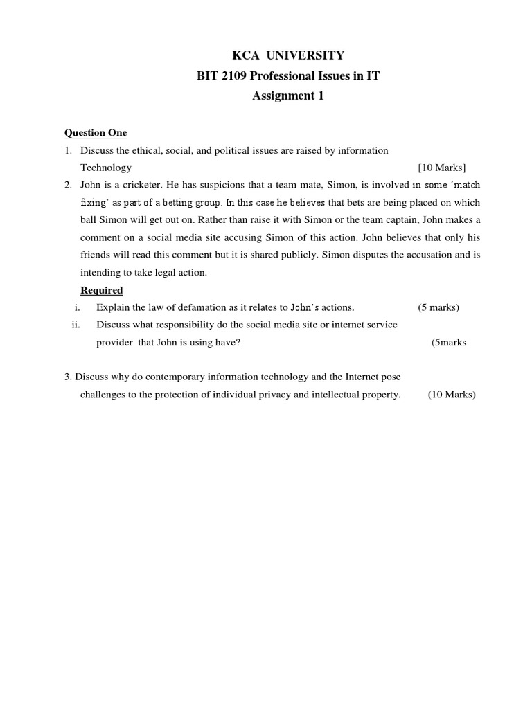 Kca University BIT 2109 Professional Issues in IT Assignment 1 | PDF