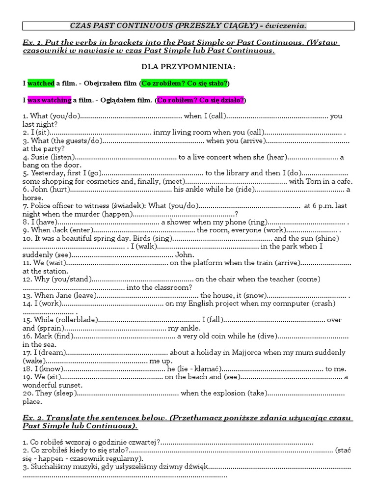 Past Continuous - Ćwiczenia | PDF