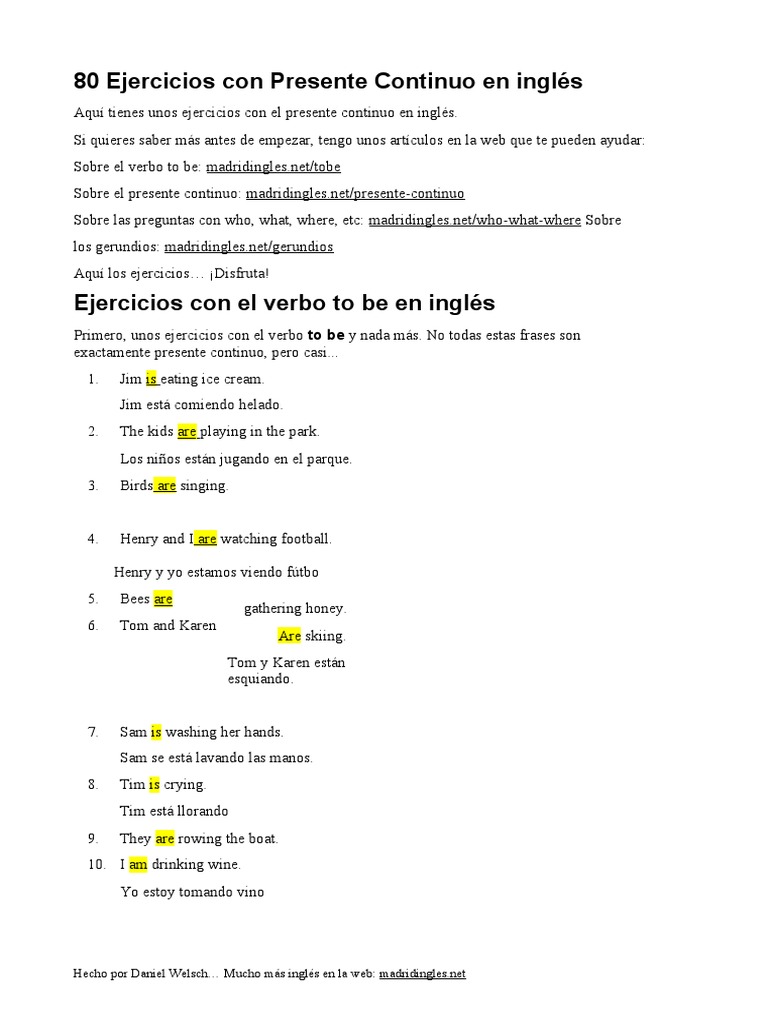 Ejercicios Presente Continuo PDF | PDF | Lingüística