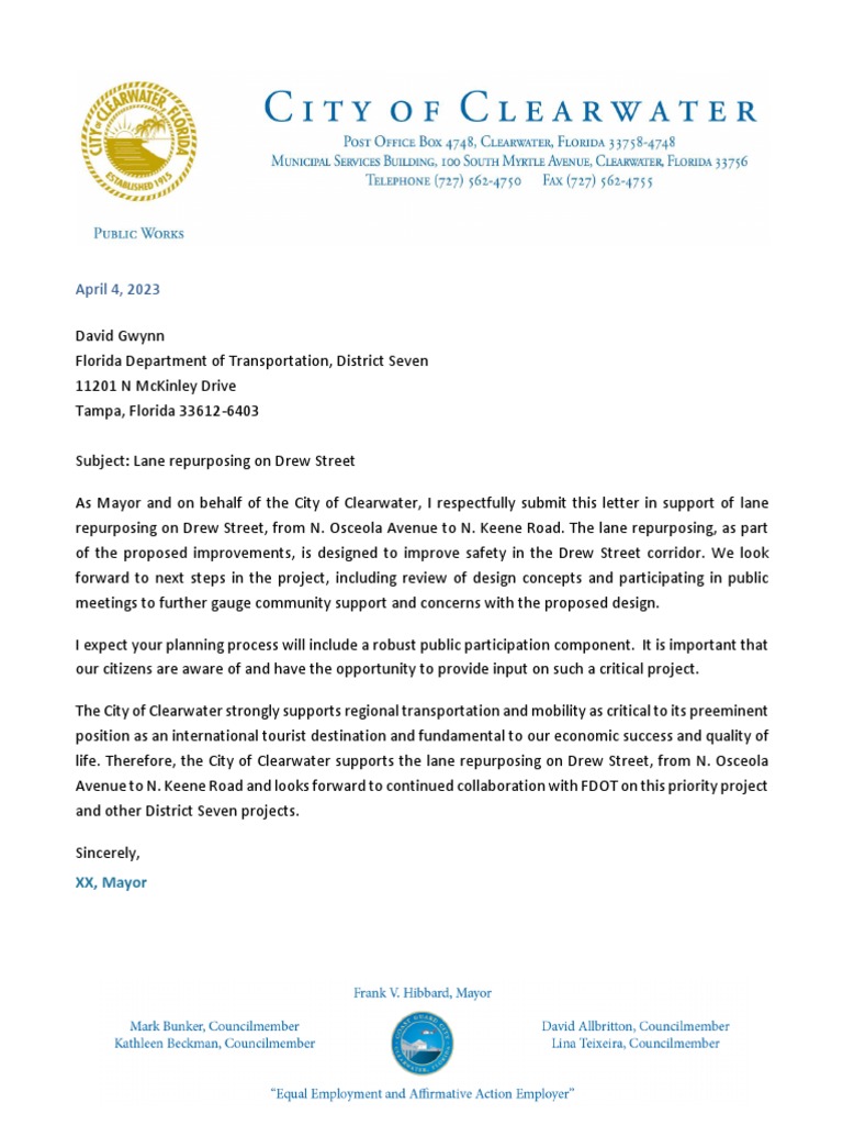 Council Letter Re FDOT Drew ST Lane Repurposing 230404 | PDF | Politics