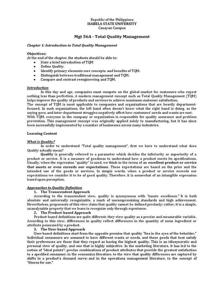 Introduction to Total Quality Management | PDF | Quality (Business ...
