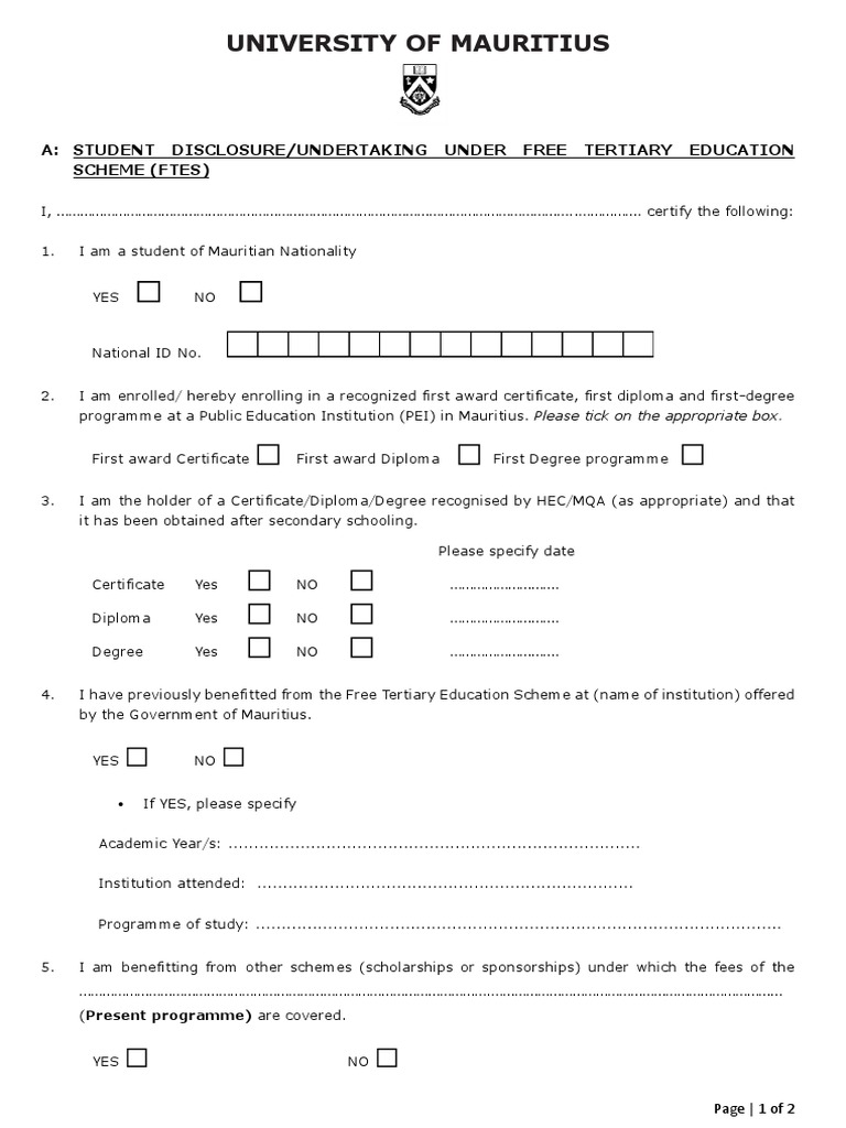 University of Mauritius: A: Student Disclosure/Undertaking Under Free ...